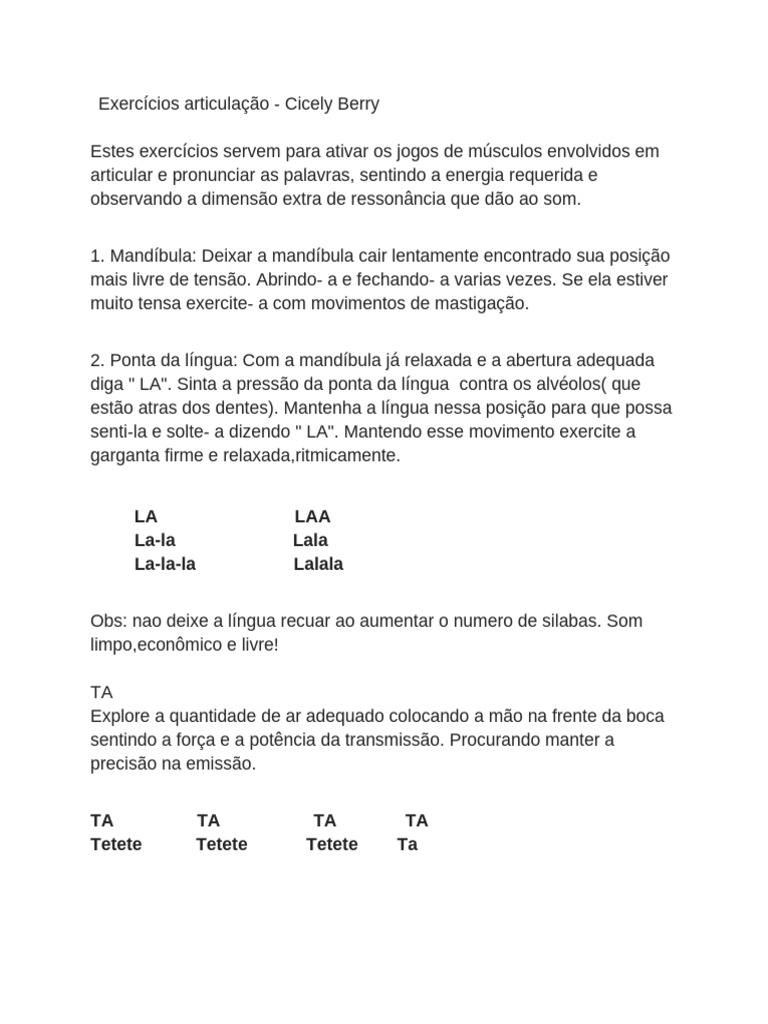 Exercícios ARTICULAÇAO CICELY BERRY | PDF | Vogal | Língua