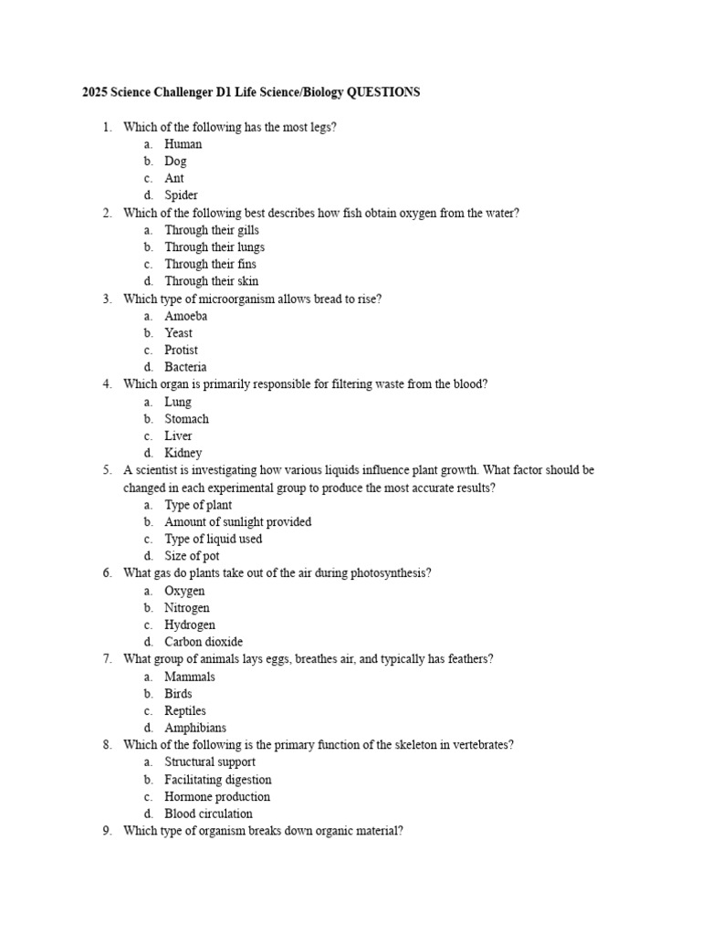 2025 Life Science Biology Questions | PDF | Biology | Zoology