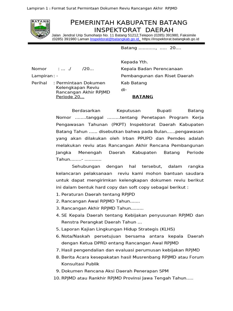 1.lampiran 1 Format Surat Permintaan Dokumen Reviu RPJMD | PDF