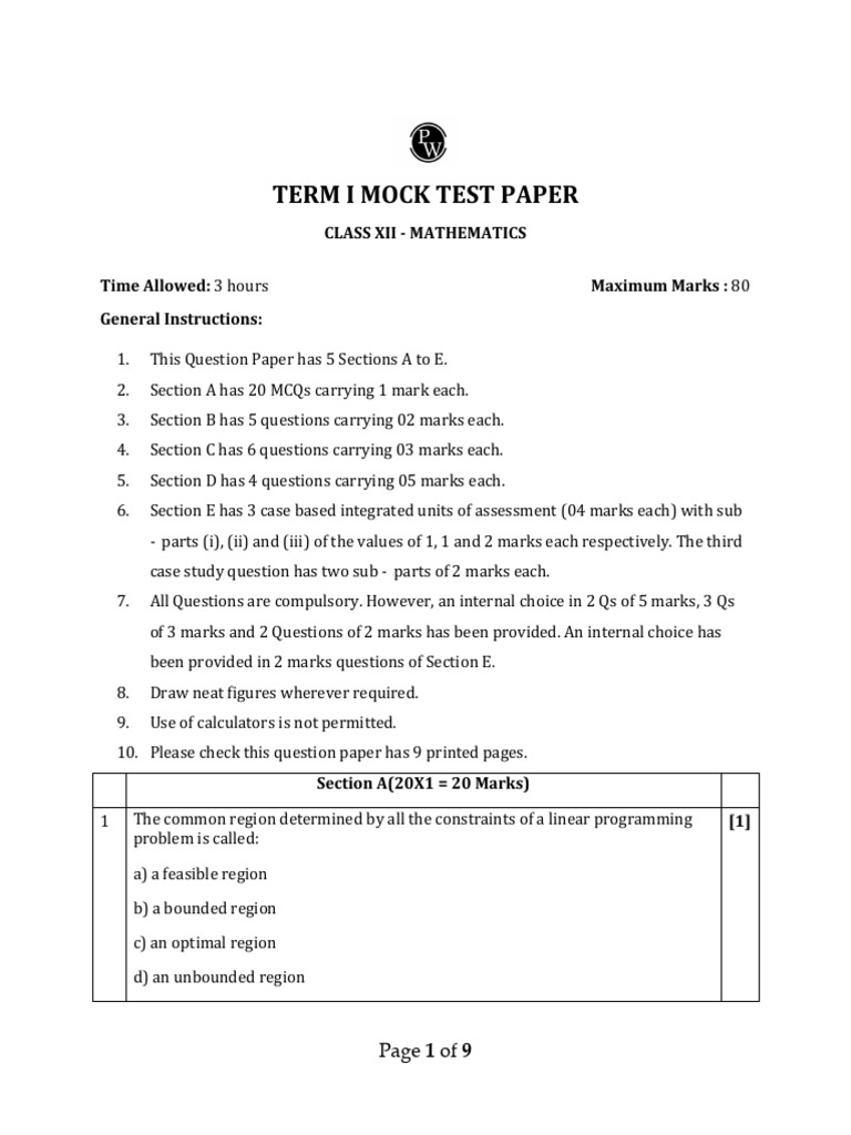 Term I Mock Test Paper: Class Xii - Mathematics Time Allowed: Maximum ...