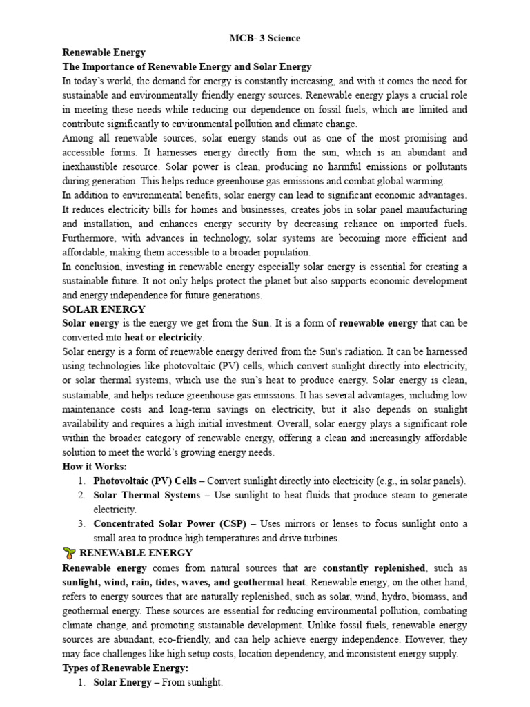 MCB 3 Science Study Material | PDF | Renewable Energy | Solar Power
