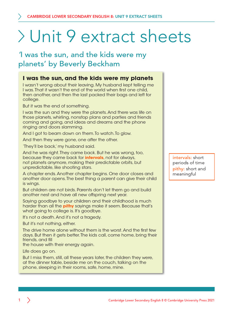LS English 8 Extract Sheets Unit 9 | PDF