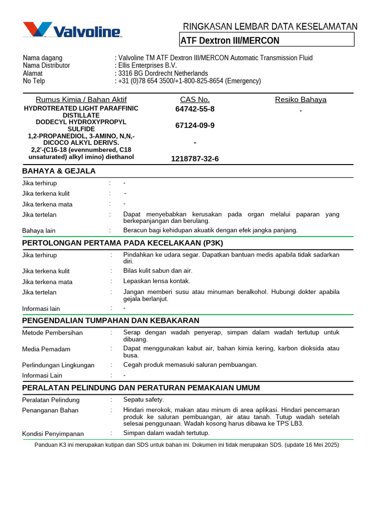 Valvoline ATF III (Ringkasan MSDS) | PDF