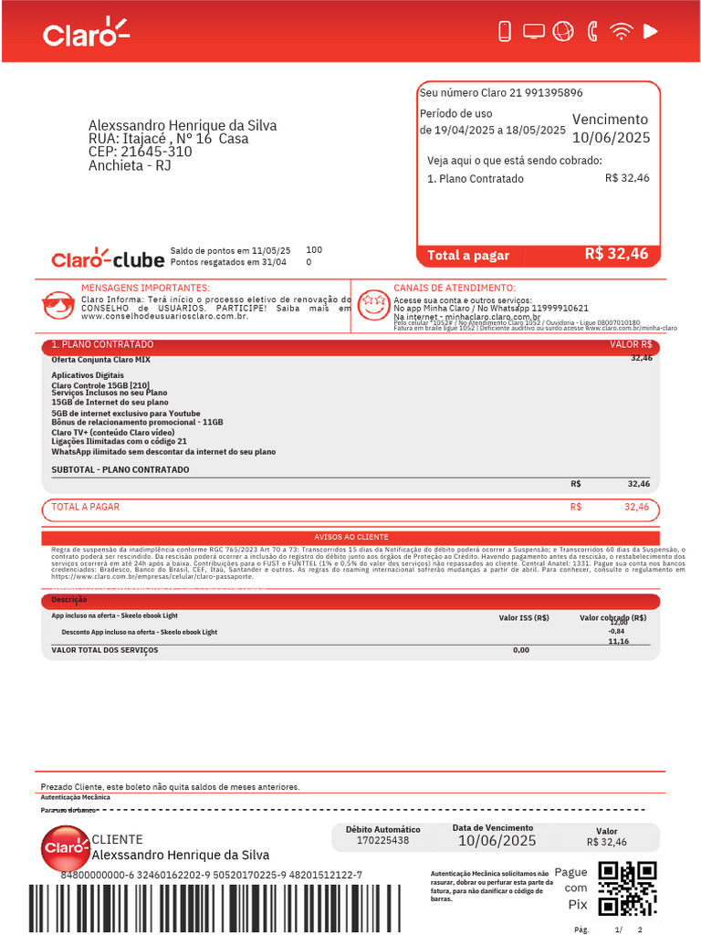 Fatura Claro: Detalhes e Pagamento | PDF | Aplicativo para celular ...