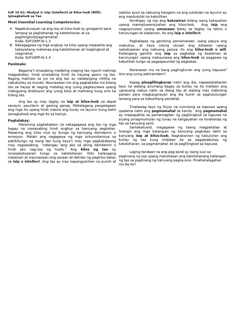 EsP 10 Q1 Modyul 2 Outline | PDF