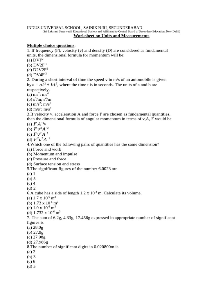 Class 11 Worksheet of Units & Measurements | PDF | Applied And ...
