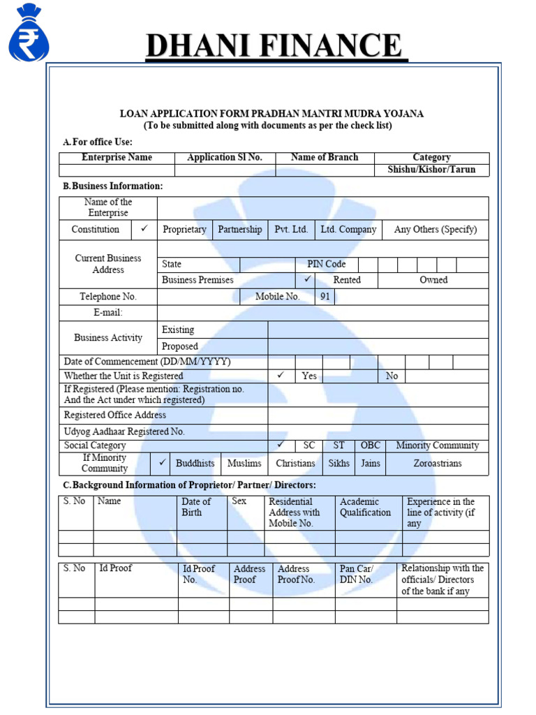 Dhani Finance Pradhan Mantri Mudra Yojana Form 2023 | PDF | Identity Document | Credit