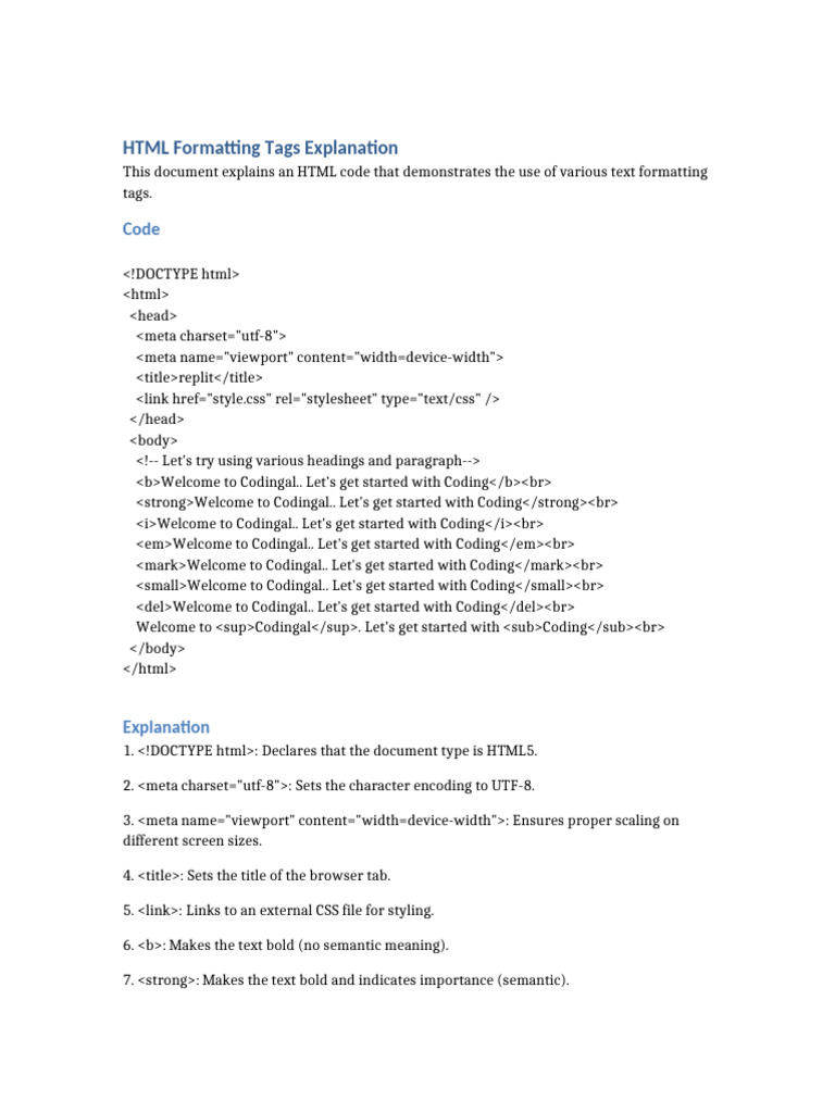 HTML Formatting Tags Explanation | PDF