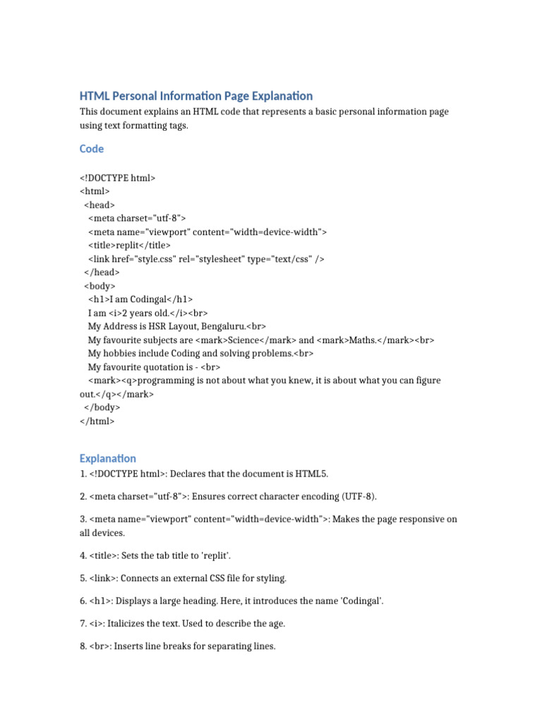 HTML Personal Info Explanation | PDF