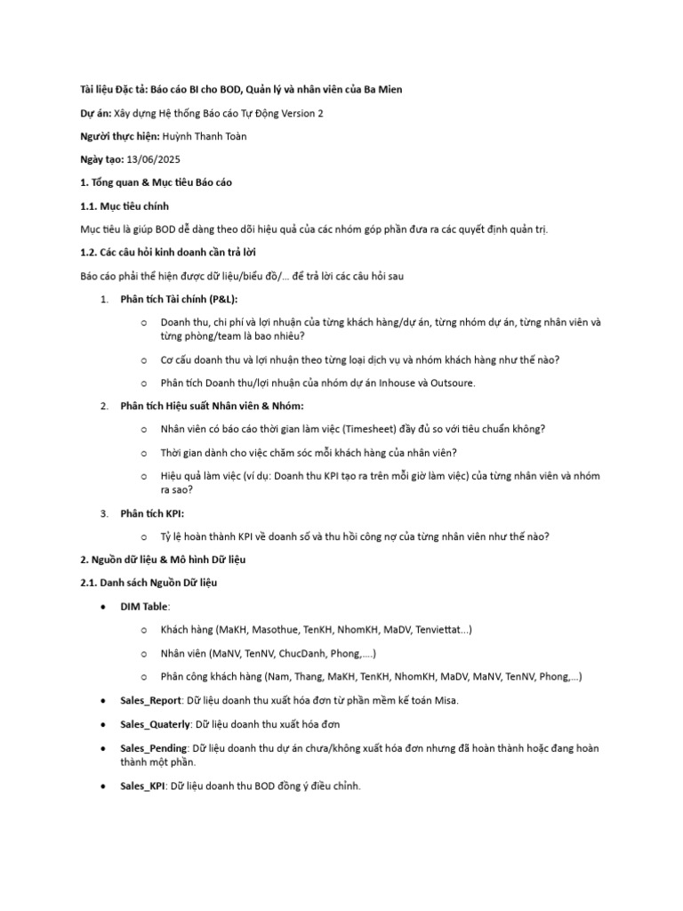 Technical Specification Document - BI Report BM | PDF