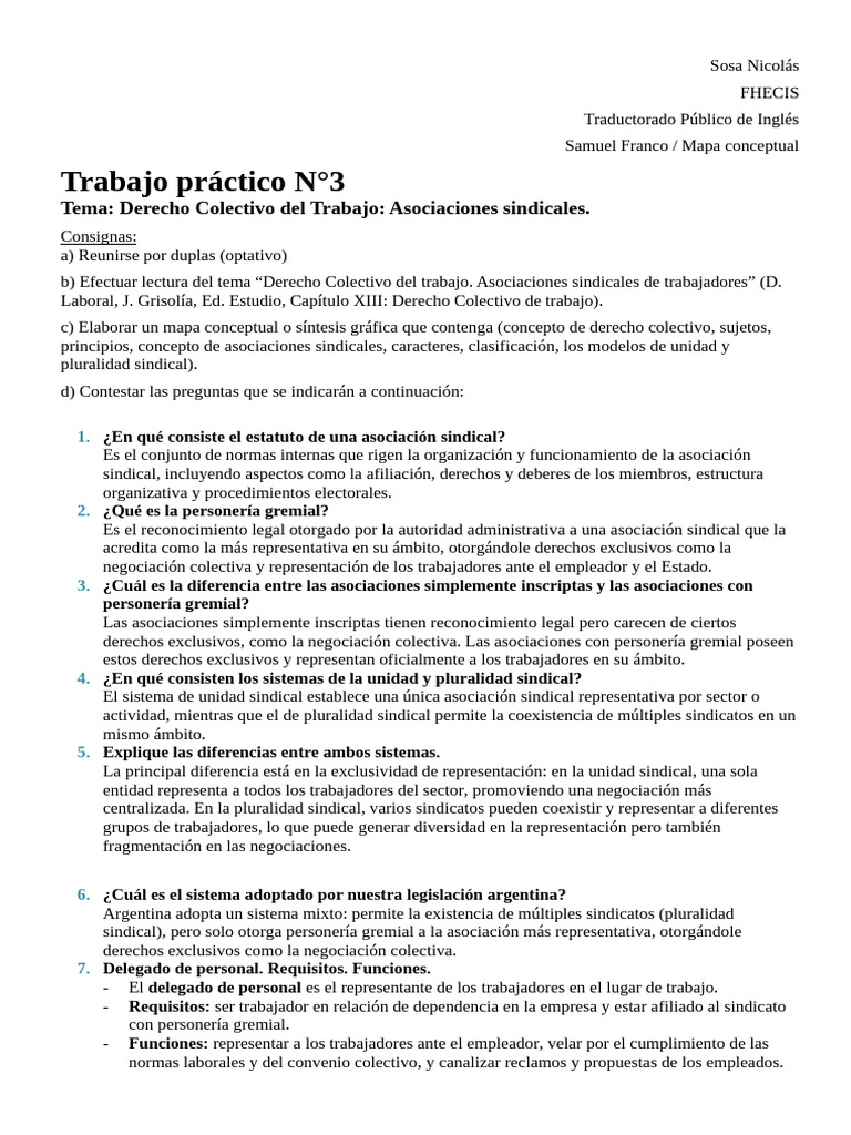 Sosa Nicolas y Franco Samuel - DL - TP3 | PDF | Sindicato | Acuerdo colectivo