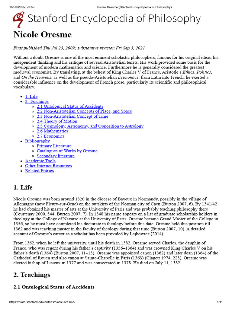 Nicole Oresme (Stanford Encyclopedia of Philosophy) | PDF