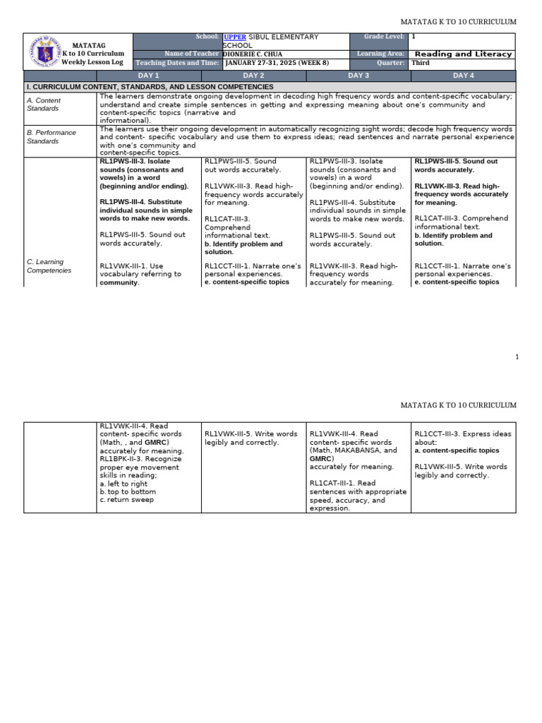 DLL Matatag - Reading & Literacy 1 q3 - w8 | PDF | Reading Comprehension | Reading (Process)