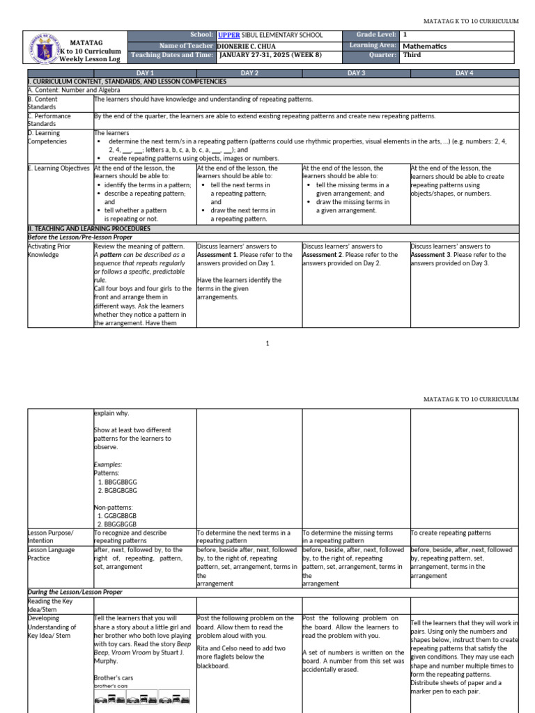 DLL Matatag - Mathematics 1 q3 - w8 | PDF | Learning | Educational Assessment