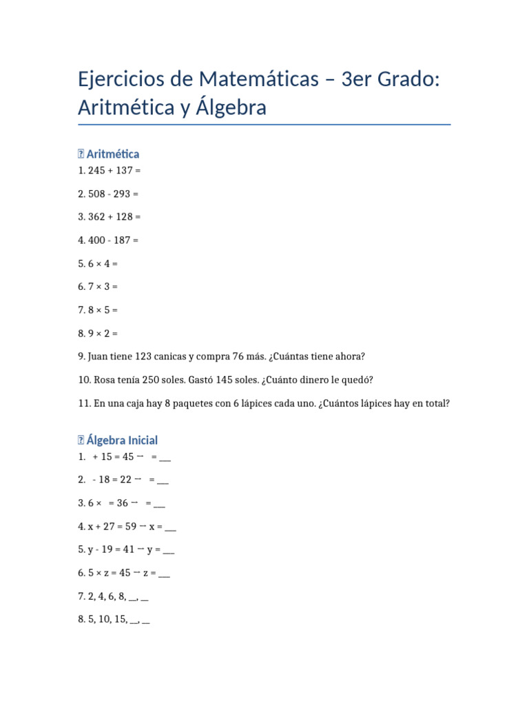 Ejercicios de Matemáticas 3er Grado | PDF