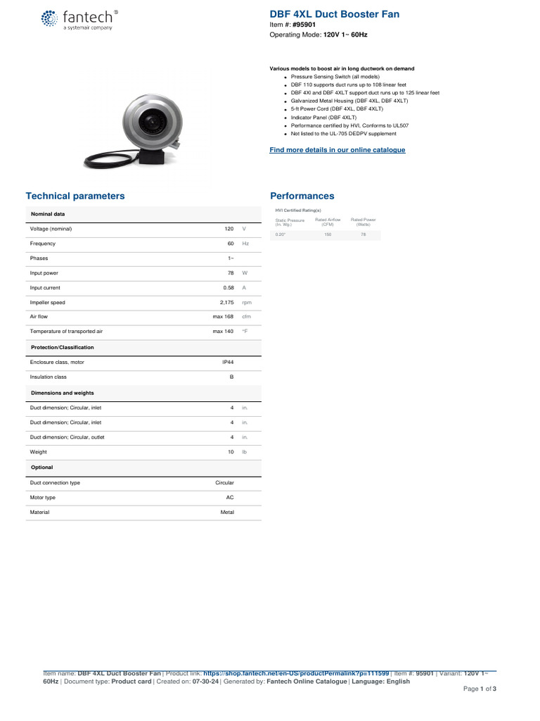 Fantech DBF 4XL Duct Booster Fan | PDF | Duct (Flow) | Mains Electricity