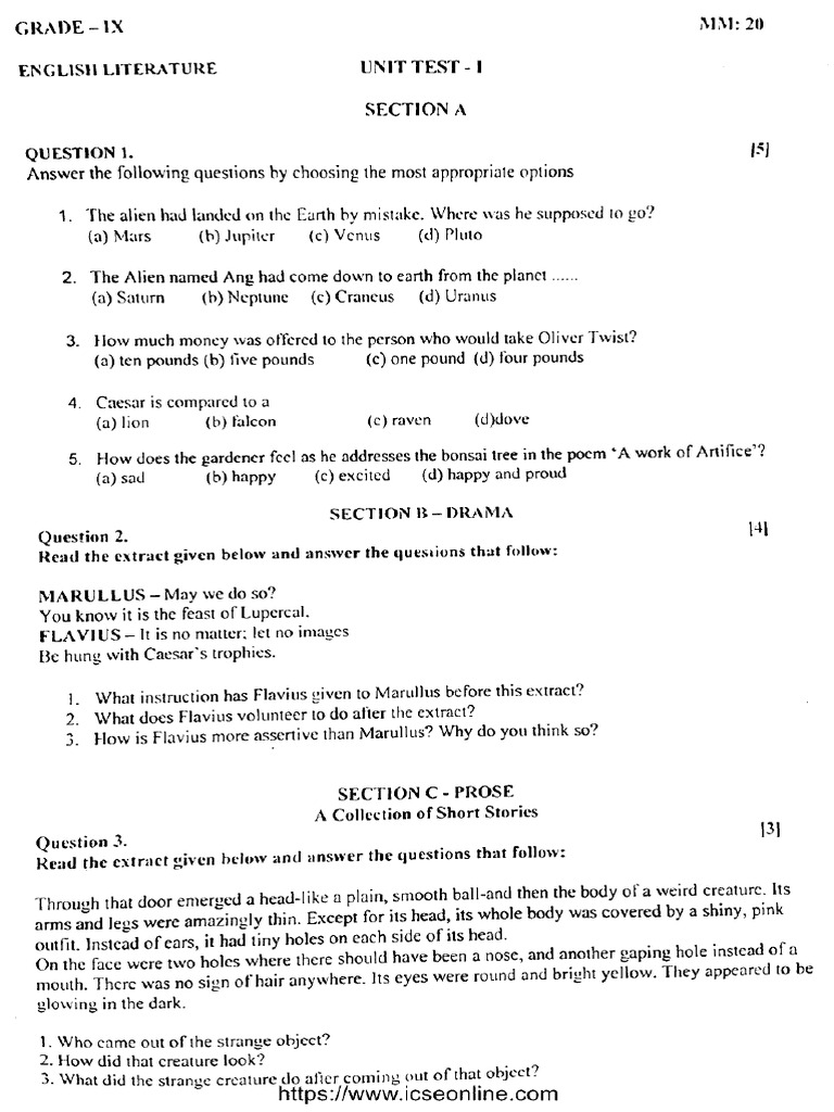 Icse Class 9 Ut1 English Literature 030424 2024 | PDF