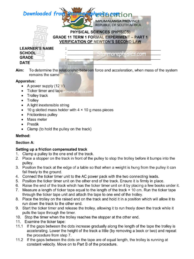 MP Physical Sciences Grade 11 Practical NEWTONs 2nd Law 2021 and Memo | PDF