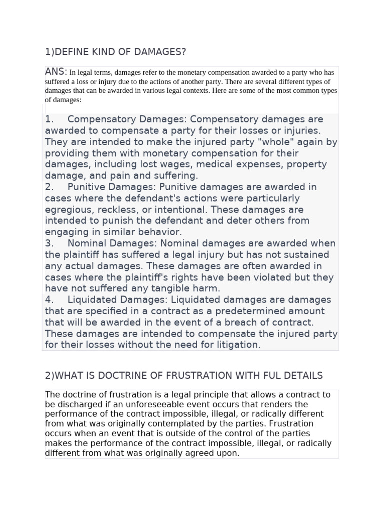 Contract Law Short Answer | PDF | Damages | Legal Remedy