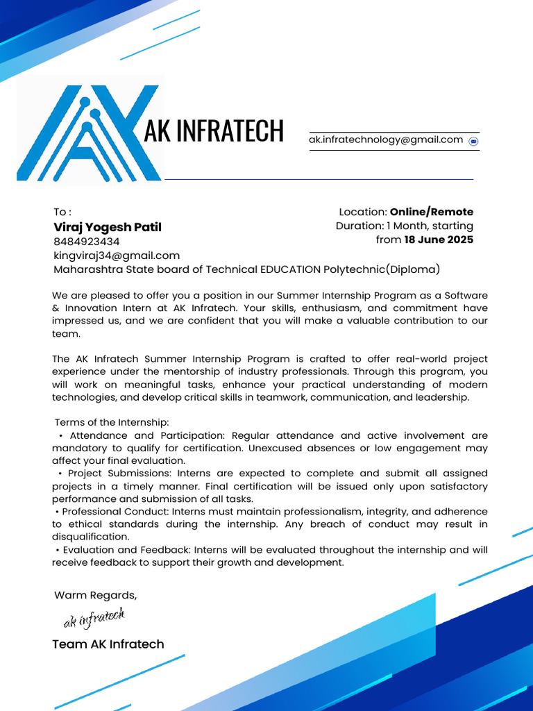 AK Infratech Offer Letter | PDF