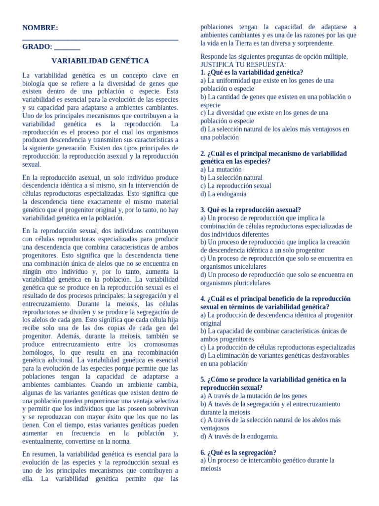 Taller 8 Vo Variabilidad Genética | PDF | Reproducción | Mitosis