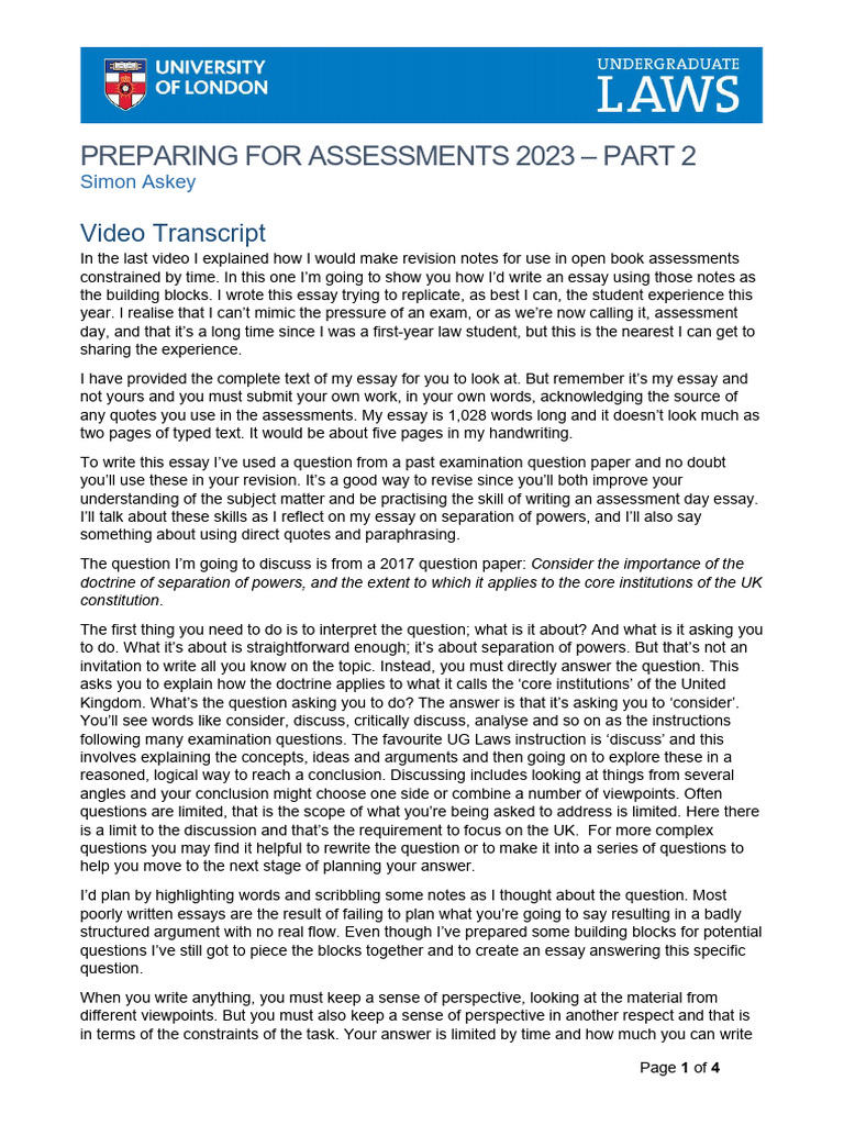 Preparing For Assessment 2 - 2023-Transcript | PDF | Essays | Question