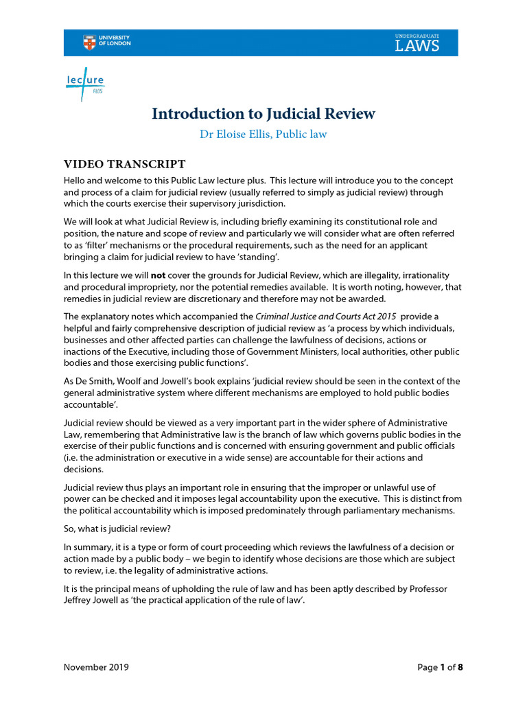 LecturePlus Public Nov 2019 - Transcript Judicial Review | PDF | Standing (Law) | Judicial Review