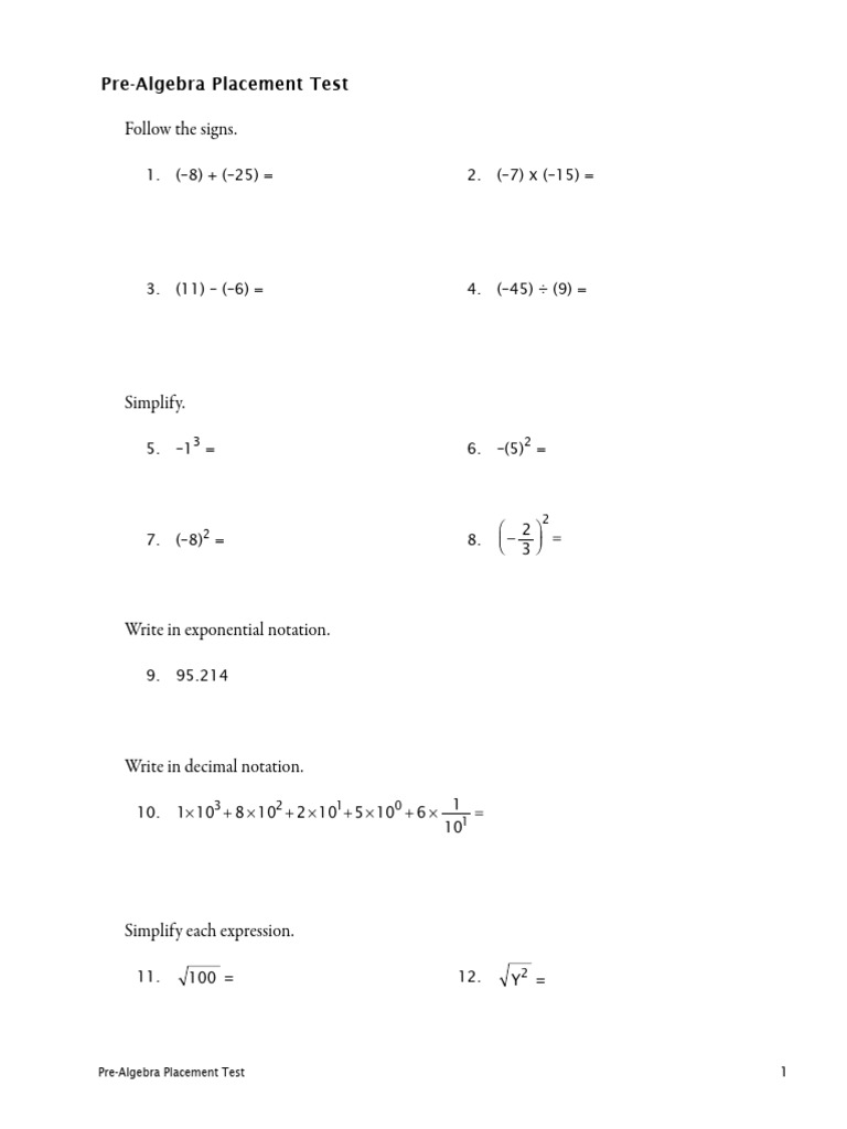 Placement Test Prealgebra | PDF | Length | Area