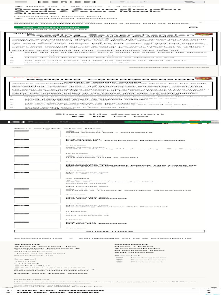 Reading Comprehension Grade 2 Peters Magic Shoes PDF Language Arts ...