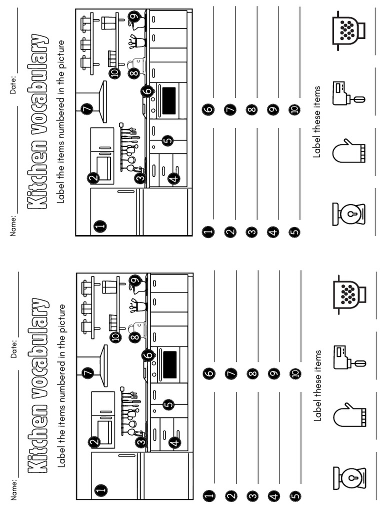 Kitchen Vocabulary Worksheet in Black and White Minimalist Style | PDF
