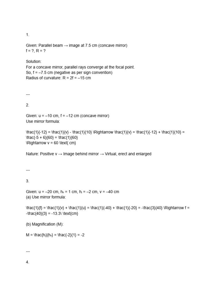 Physics Holyday Homework Numericals | PDF | Optics | Light