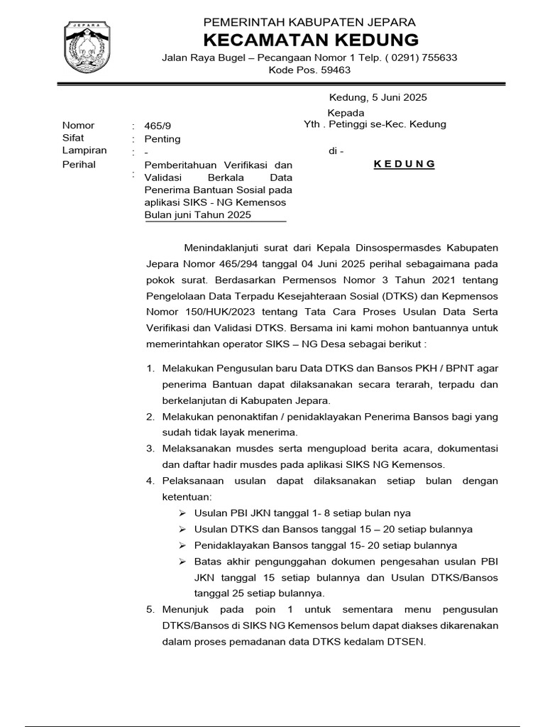 Pemberitahuan Verifikasi Penerima Bansos SIKS DJ | PDF