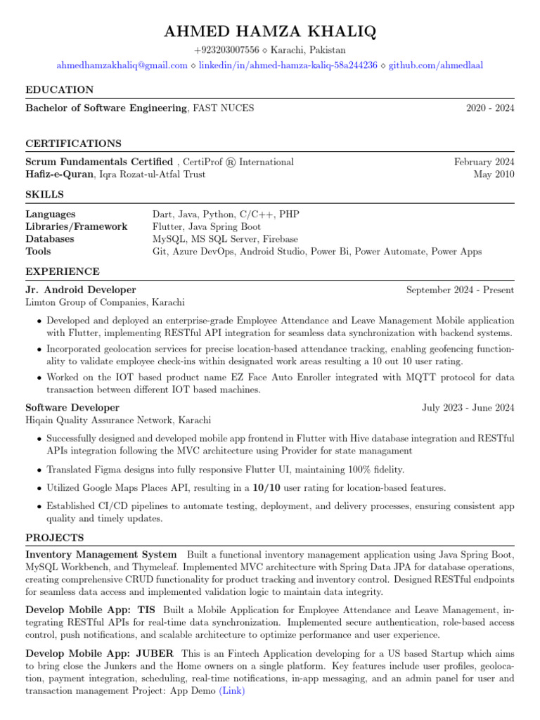 Ahmed Hamza Khaliq Resume | PDF | Mobile App | Databases