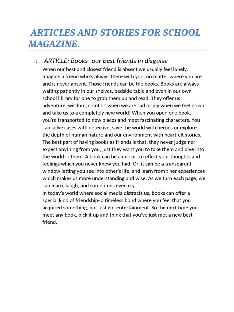 Article and Story For School Magazine | PDF