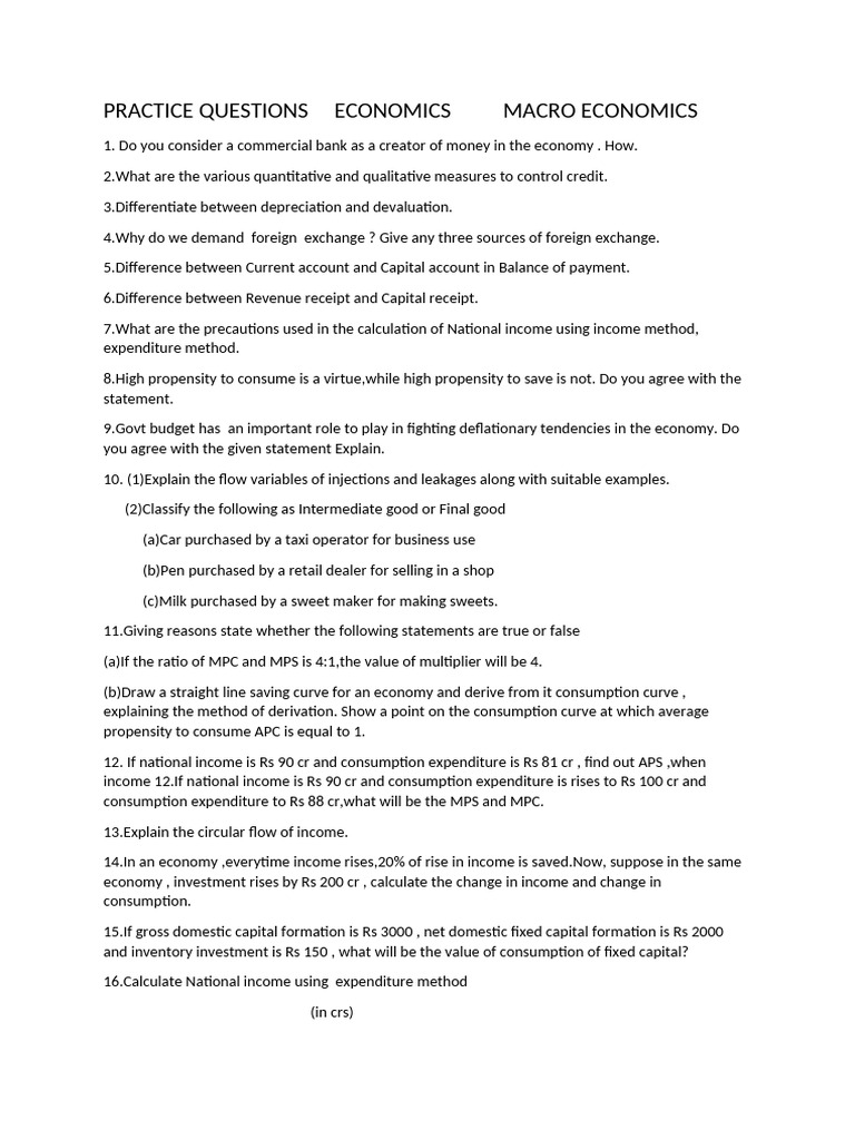 Practice Questions Economics Macro Economics | PDF | Consumption ...