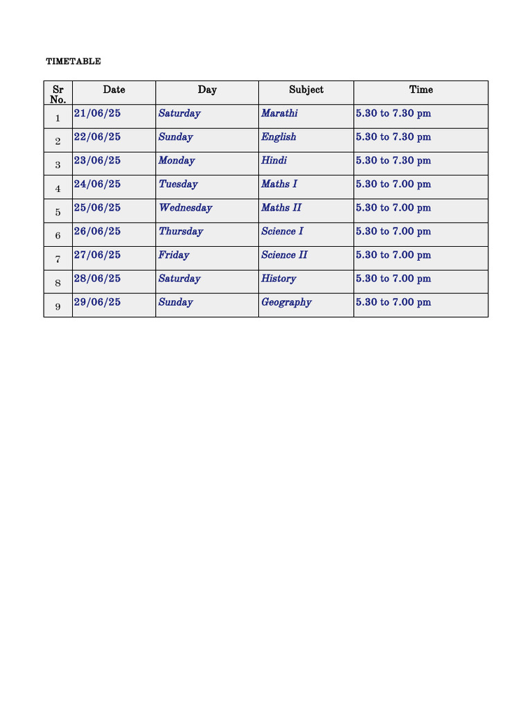 June 2025 Subject Timetable | PDF