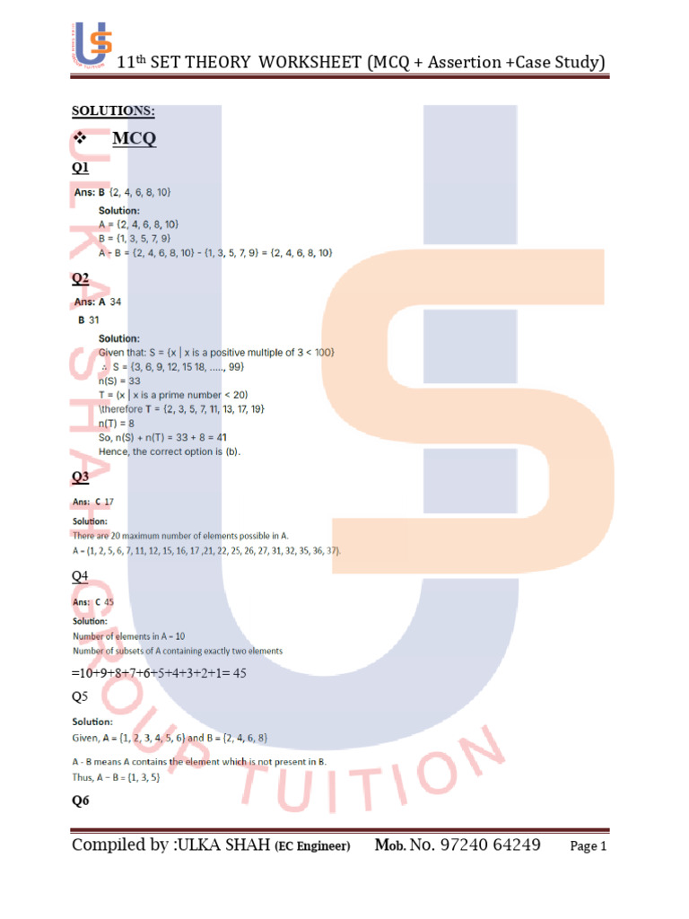 11th Grade Set Theory Worksheet | PDF | Mathematical Concepts ...