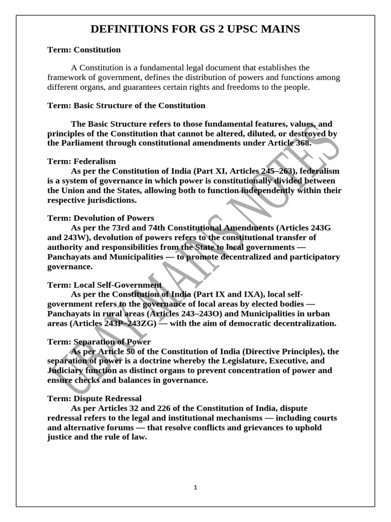 Mains Gs2 Definitions | PDF | Government Of India | Treaty