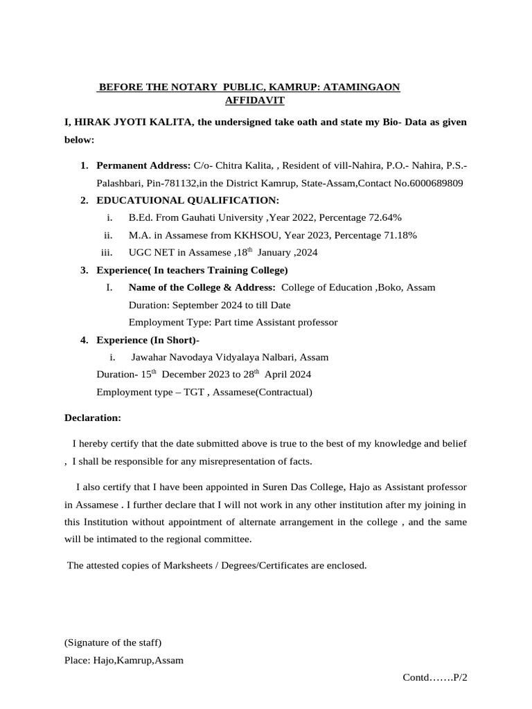 Notarized Affidavit of Hirak Jyoti Kalita | PDF