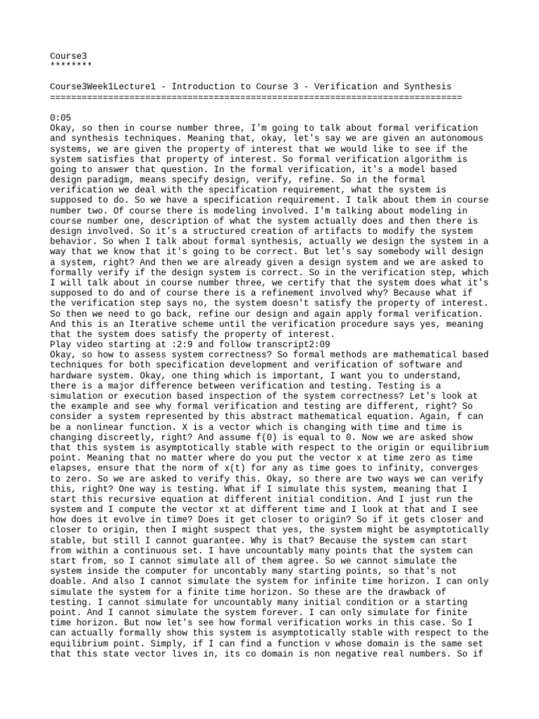 Course3 - Lecture Video Transcripts | PDF | Formal Verification | Control Theory