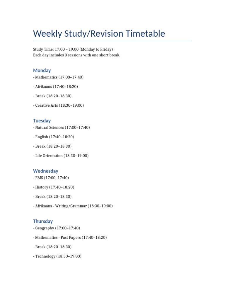 Weekly Study Timetable for Students | PDF