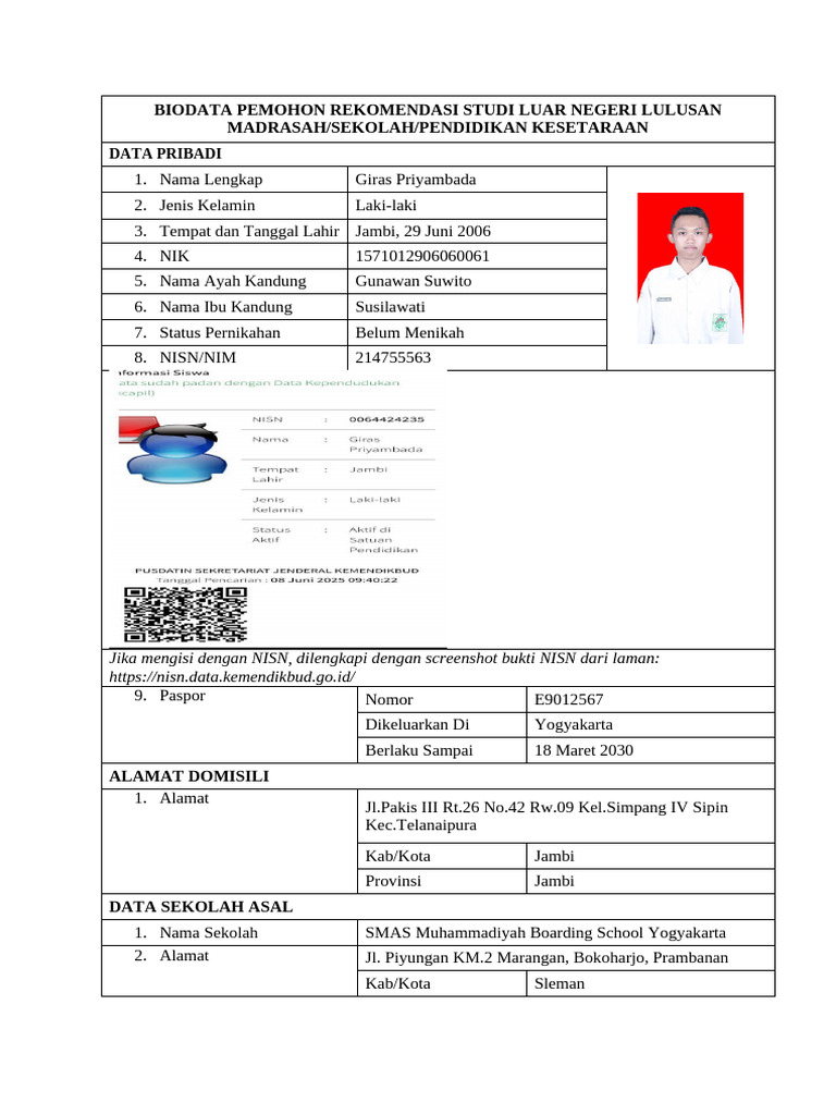 Form Biodata Siswa | PDF
