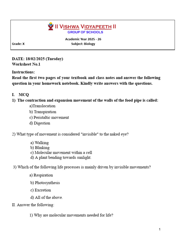 Life Processes Worksheet 1 (18!2!25) | PDF