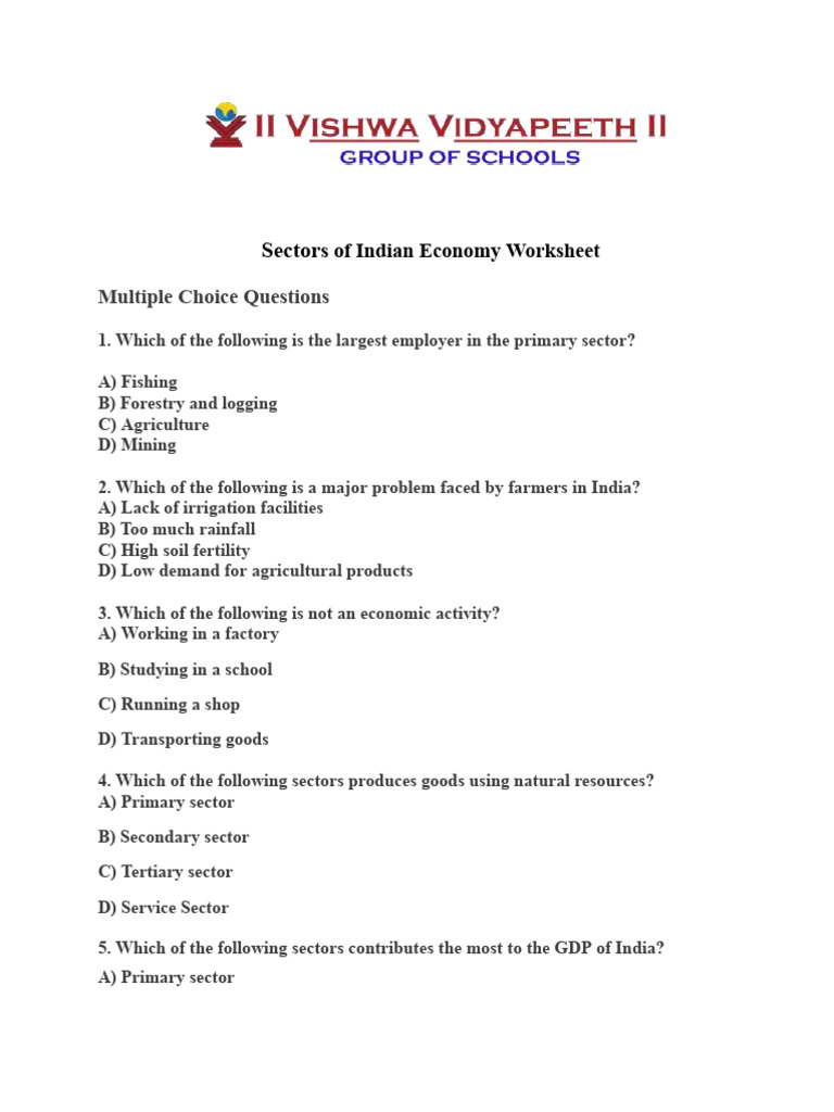 Indian Economy Sectors MCQ Worksheet | PDF | Underemployment | Economy ...
