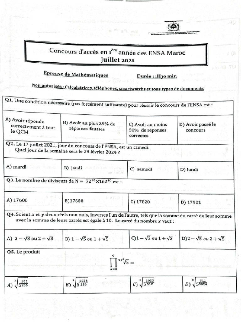 Concours-Maths-2021 ENSA | PDF