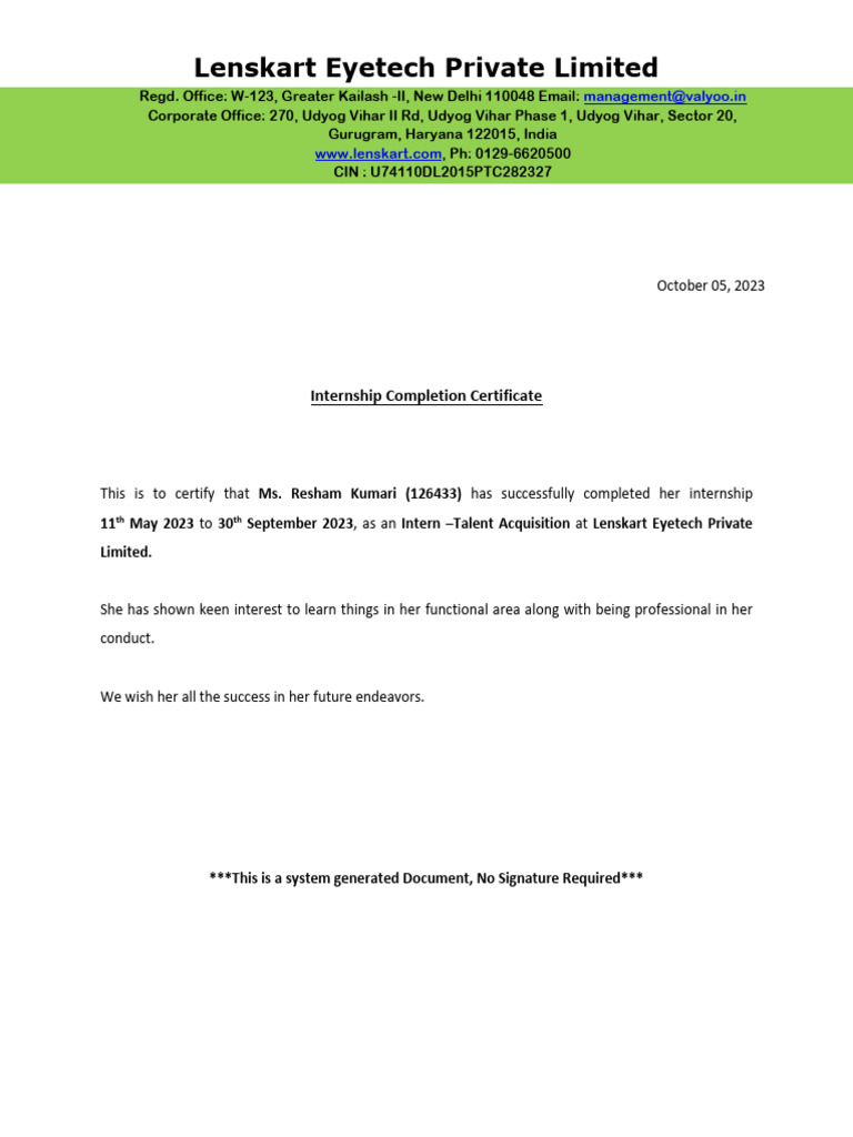 Internship Completion Letter - Resham Kumari | PDF