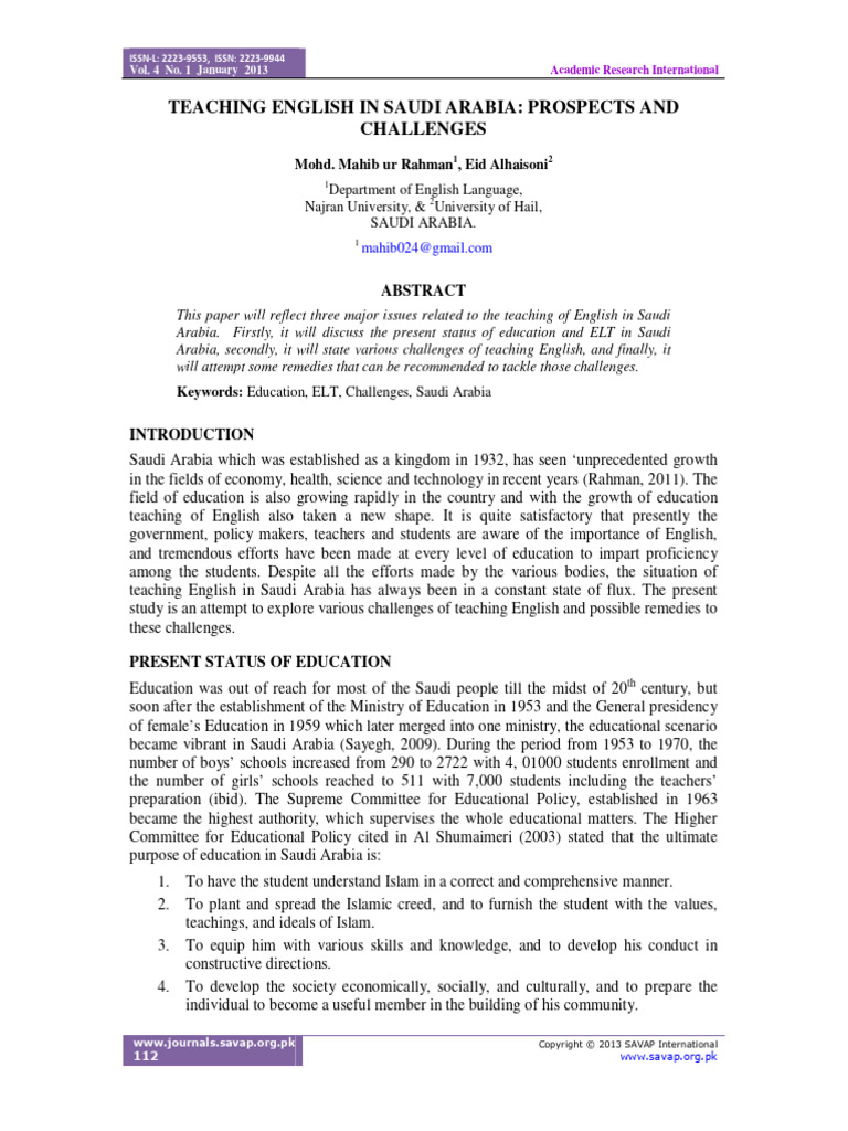 Teaching English in Saudi Arabia: Challenges | PDF | English As A ...