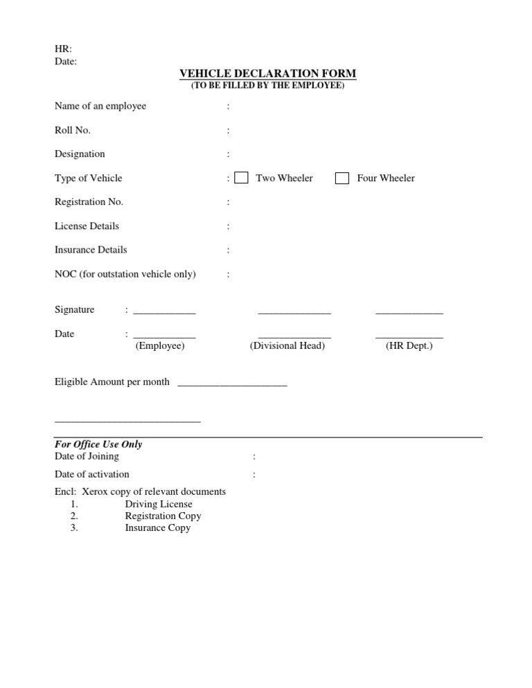 Vehicle Declaration Form: (To Be Filled by The Employee) | PDF