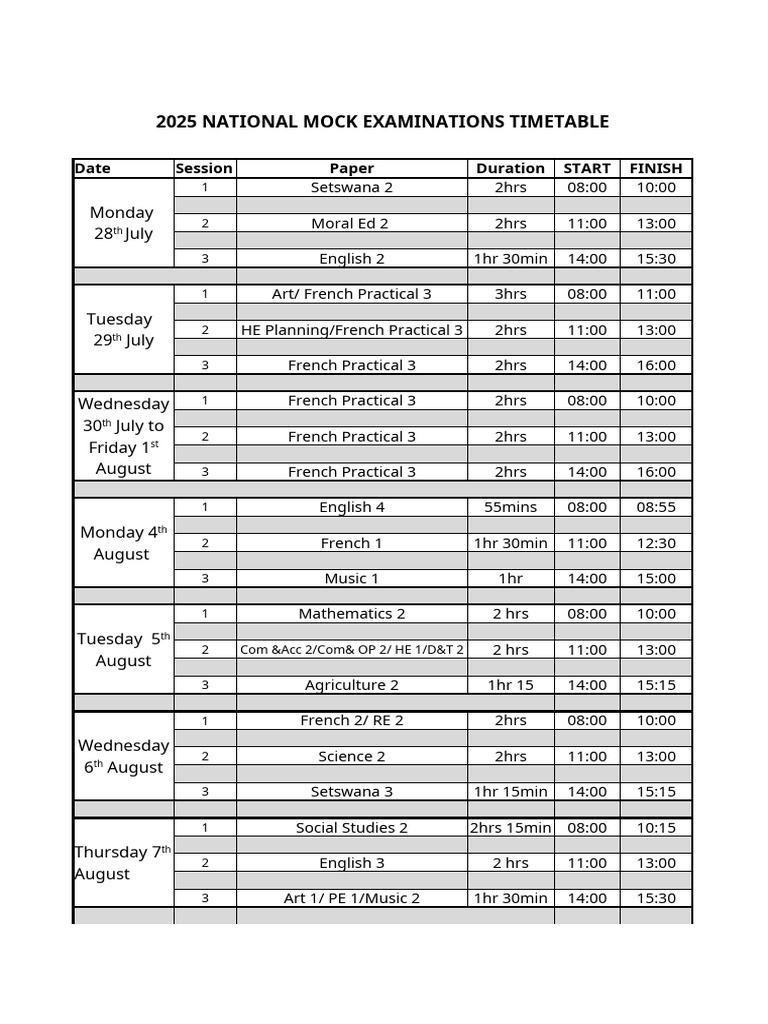2025 Mock Examination Timetable | PDF