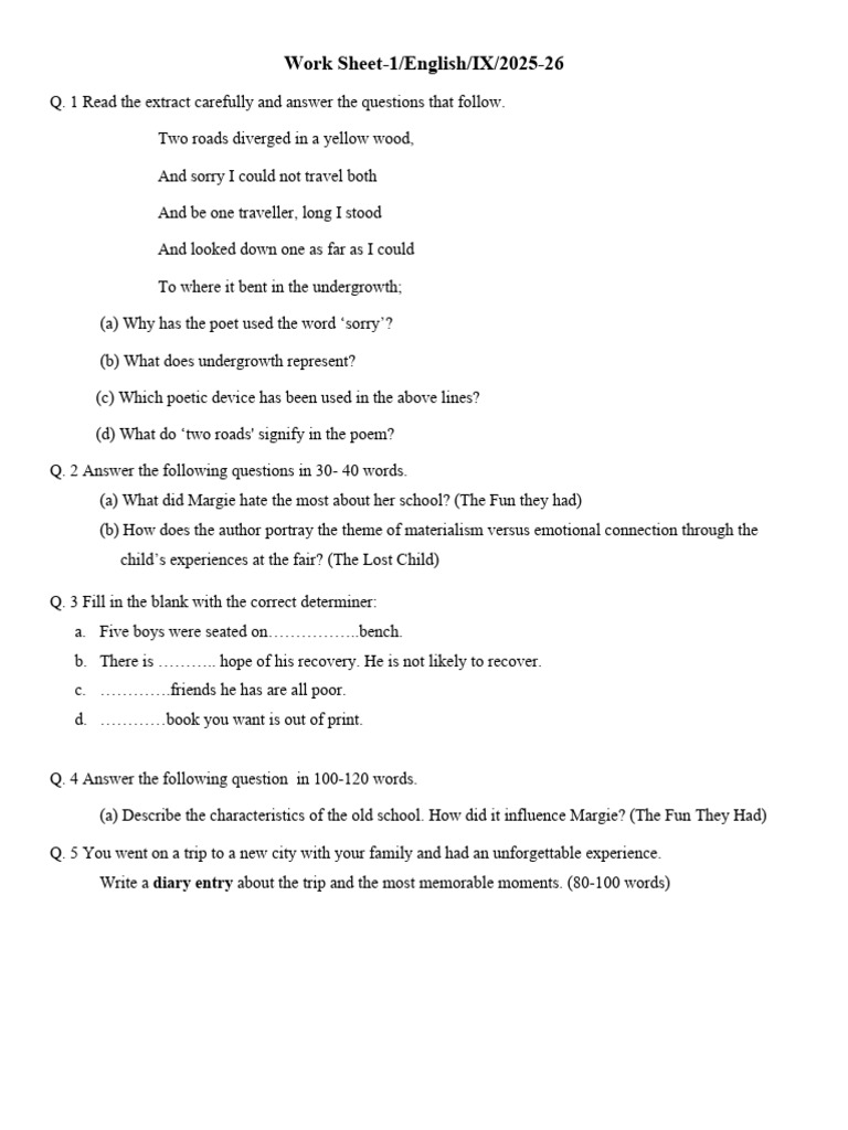 Work Sheet-1 Class 9 English | PDF